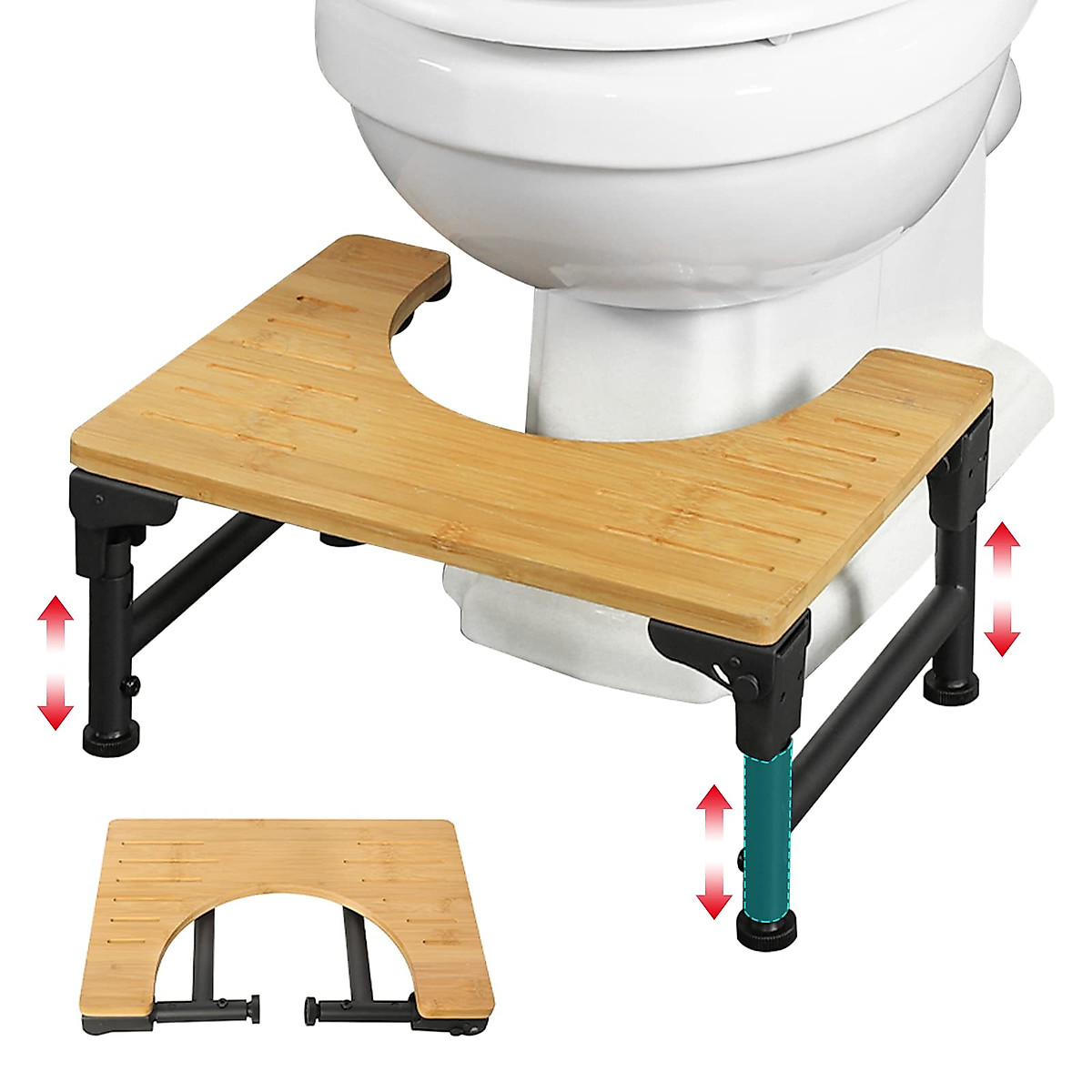 Bamboo Toilet Stool Iron 7''&8''&9'' Adjustable Heights Foldable Iron Toilet Assistance Poop Steps with Non-Slip Layer for Adults Children Pregnant Women Old Bathroom New Upgrade