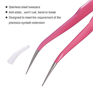 Hotop 2 Pieces Straight and Curved Tip Tweezers Eyelash Extension Tweezers, Stainless Steel False Lash Application Tools (Pink)