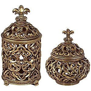 Kensington Hill Sherise Antique Gold Fleur-de-Lis Jars with Lid Set of 2