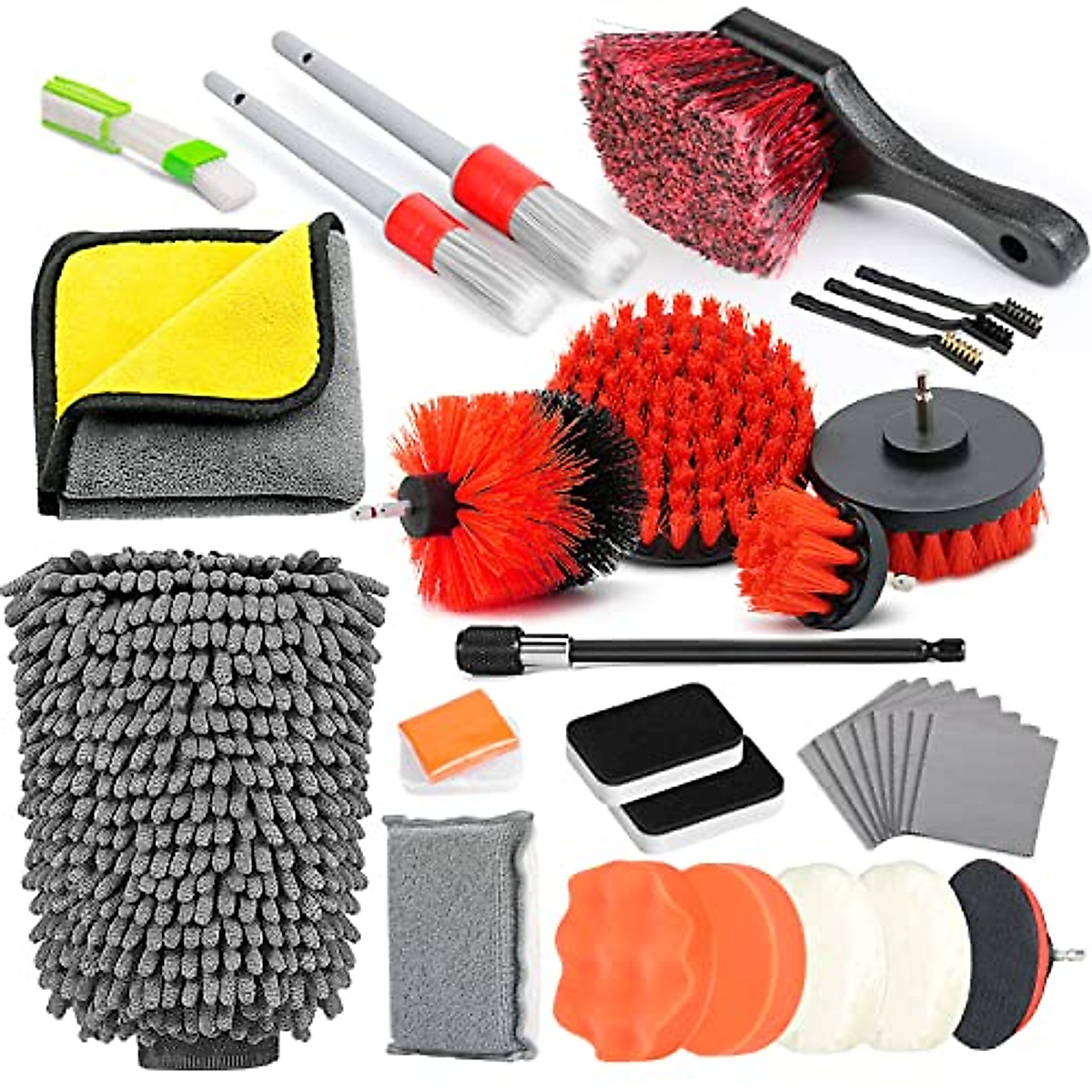 ALL4DETAIL 31Pcs Car Detailing Brush Set, Car Cleaning Kit, Interior Car Detailing Kit(Detailing Brushes,Drill Brush,Tire Brush,Polishing Pads,Wash Mitt,Clay Bar,Scrubbing Sponge,Coating Applicator)