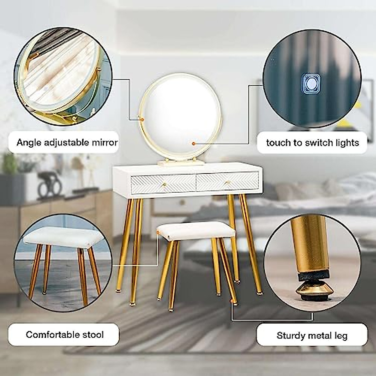 KJNS Modern Makeup Dressing Table Vanity Set with Lighted Mirror Cushioned Stool Vanity Desk Makeup Vanity Side Tables Bedroom Vanity Table Portable Desk Vanity Set