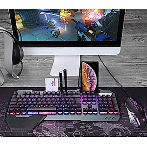 FELiCON Wired Game Keyboard and Mouse Combo, RGB LED Backlit Mechanical Feel Keyboard with Hand Rest Phone Holder,and 6 Button 3200 DPI Mice and Large RGB Mouse Pad for Computer Gamer Office