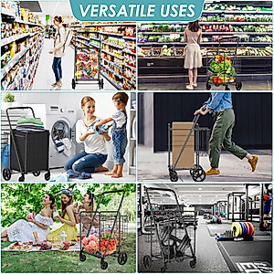Shopping Cart for Groceries,Jumbo Upgraded Grocery Cart with Waterproof Liner, 360° Rolling Swivel Wheels and Double Basket, Heavy Duty Folding Shopping Cart for Shopping Laundry-Hold Up to 340 LBS