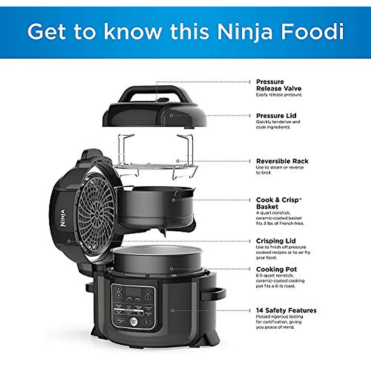 Ninja OP350co Foodi 9-in-1 Pressure, Broil, Dehydrate, Slow Cooker, Air Fryer, and More, with 6.5 Quart Capacity and a High Gloss Finish (Black) - Renewed