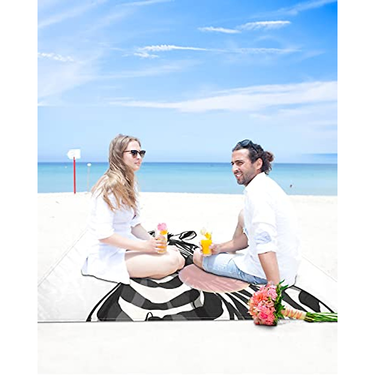 Watercolor Zebra Blowing Pink Bubbles Beach Blanket Sandproof, Beach Mat Sand Free Waterproof, Black White Animal Pure Backdrop Outdoor Picnic Blanket for Beach Party/Travel/Camping 108"x84"