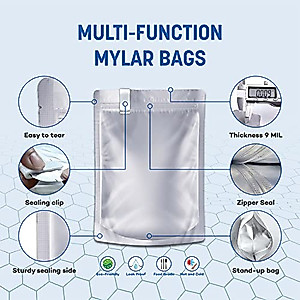 IOSSA 100 Pcs Mylar Bags for Food Storage with Oxygen Absorbers 100x300cc, Resealable Locked Long Term Food Storage, Stand-Up Zipper Pouches, Mylar Bag with Labels & Clips & Pen
