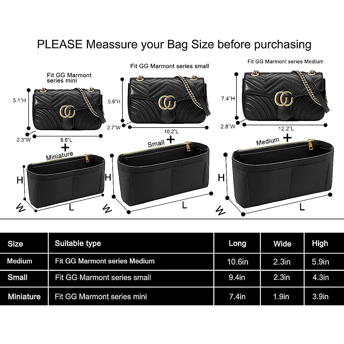 Small Handbag Shaper Insert for GG Marmont Matelasse Shoulder Bag(Pack of 2)Felt Insert Purse Organizer with Zipper- Buy 1 Get 1 Bag Free Small 8030 Black