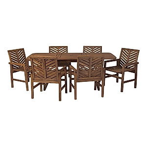 Walker Edison 6 Person Outdoor Wood Chevron Patio Furniture Dining Set Extendable Table Chairs All Weather Backyard Conversation Garden Poolside Balcony, 7 Piece, Dark Brown