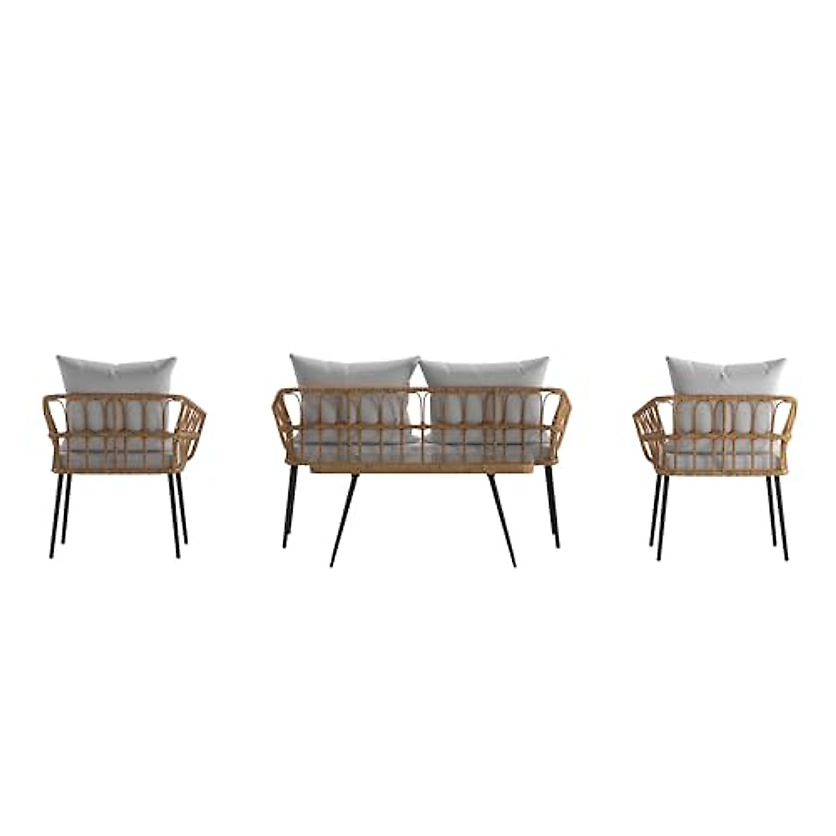 Taylor & Logan Iya 4 Piece Boho Rope Rattan Patio Conversation Set with Tempered Glass Top Coffee Table and Gray Cushions for Indoor/Outdoor Use, Natural