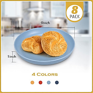 POVTOKA Reusable Wheat Straw Plates Set of 8, 9 Inch Unbreakable Dinner Plates, Dishwasher & Microwave Safe, Lightweight Plastic Tableware for Kids & Adult