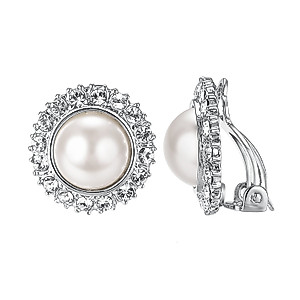 Yoursfs Large Faux Pearl Diamond Clip On Earrings For Women Dressy Vintage Silver Rhinestone Non Pierced Earring Comfort Round Ear Clips Jewelry