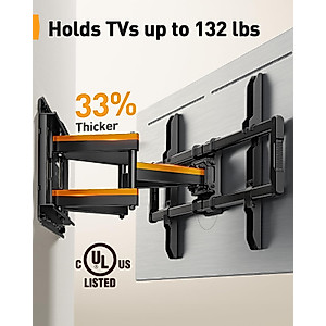 Perlegear UL-Listed Full Motion TV Wall Mount for 40–86 Inch Flat Curved TVs up to 132 lbs, 12″/16″ Wood Studs, TV Mount Bracket with Tool-Free Tilt, Swivel, Extension, Max VESA 600 x 400mm, PGLF15