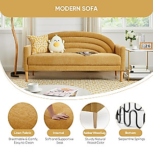 QNZK 63.78" W Modern Loveseat Sofa Simple Assembly 3-Seat Couch for Living Room Wooden Legs Linen Upholstery (Yellow)