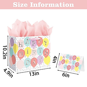 13" Large Happy Birthday Gift Bag with Tissue Paper and Card for Girls Kids Women Birthday (Colourful Balloon)