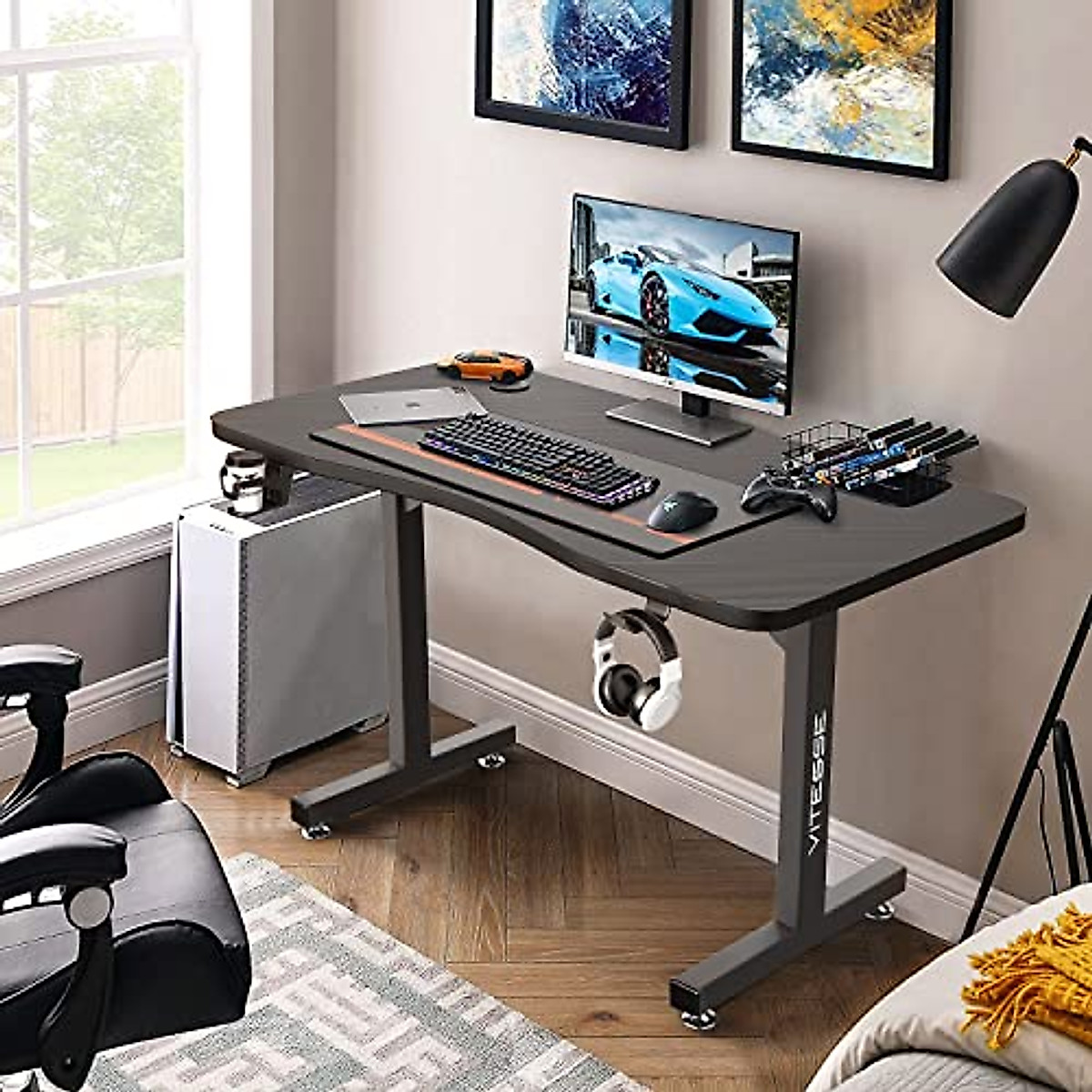 Waleaf Gaming Desk 40 inch,PC Gaming Table,T-Shaped Gaming Computer Desk with Free Mouse Pad,Racing Style Professional Gamer Game Station,Carbon Fiber Home Office Desk with Cup Holder&Headphone Hook