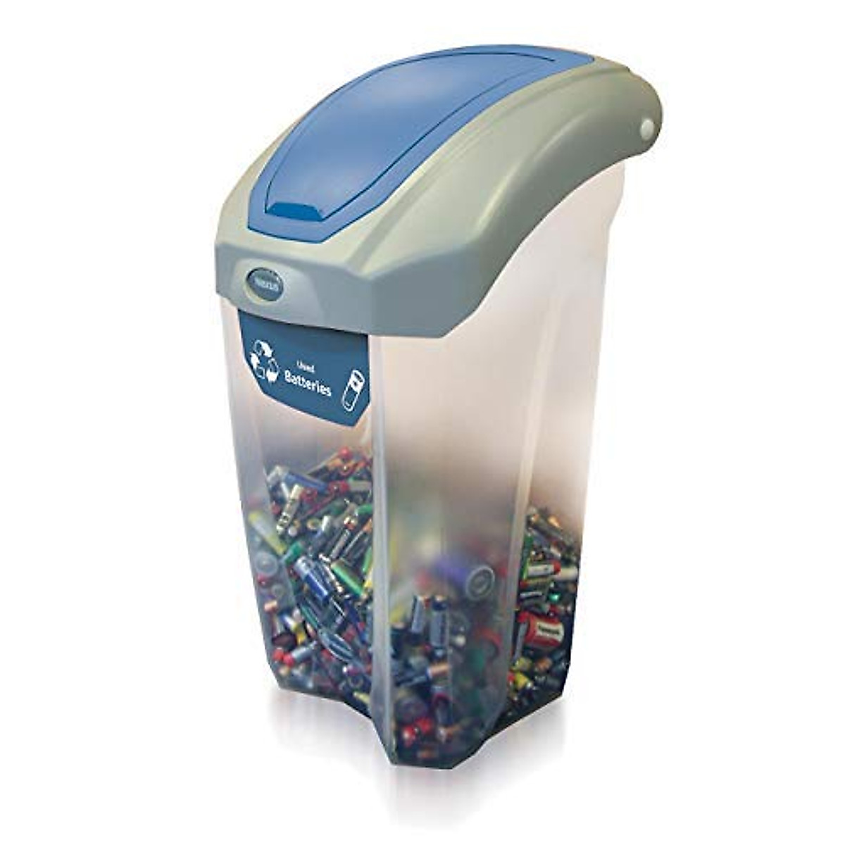 Glasdon Nexus 8G C-Thru Battery Recycling Bin (Transparent, Blue Sticker)– 8-Gallon Battery Disposal Container with Clear Polycarbonate Exterior – Small Battery Recycling Container