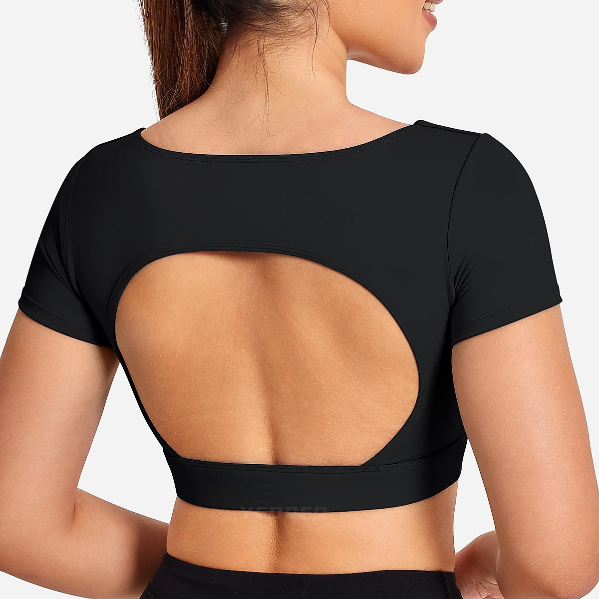 YEOREO Women Open Back Tee Crop Tops with Removable Pad Workout Backless Gym Shirt Bra Going Out T Shirt Top