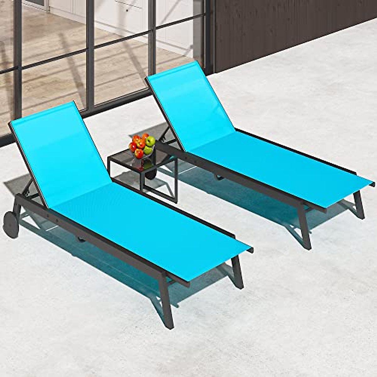 YITAHOME Outdoor Chaise Lounge Chairs Set with Side Table, Adjustable Backrest Poolside Loungers with Aluminum Frame/Textilene Fabric/Wheels for Pool Beach Patio Lawn Porch (Blue)