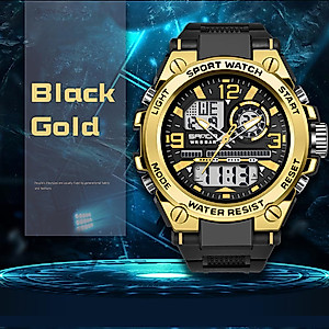 Military Watches for Men Tactical Waterproof Outdoor Sports Watch Analog Digital Multifunction Dual Display Mens Wristwatch (Gold black)