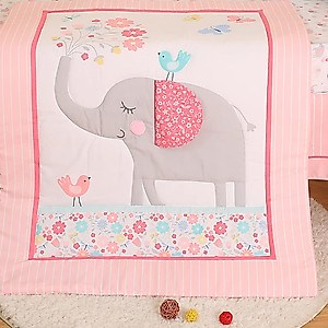 Brandream Jungle Elephant Crib Bedding Set for Girls Butterfly Birds Floral Baby Nursery Bedding Sets,3 Pieces - Blush Pink and Gray