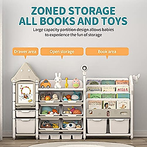 UNICOO - Kids Toy Storage Organizer and Children Bookshelf, with 14 Bins, Pull-Out Drawers Multipurpose Shelf for Toddlers to Organize Toys and Books (Magic Castle – White)