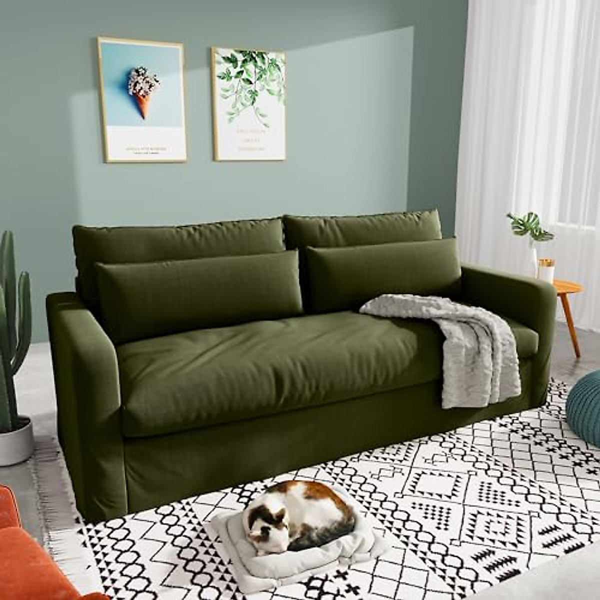 SILKIR Living Room Down Filled Couch with Lumbar Pillows Comfy Apartment,Bedroom,Office Sofas, 80 Inch, Olive Green