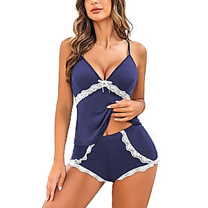 Avidlove Pajama Set Summer Short Sleepwear Sexy Modal PJ Cami Shorts Set Nightwear Set (Blue,XL)
