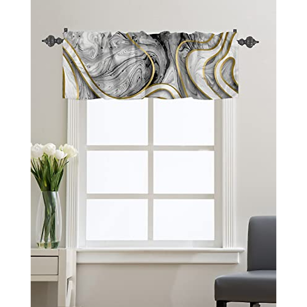 WARM TOUR Curtain Valance for Windows White Gray Abstract Marble Kitchen Valances Rod Pocket Short Curtains,Gold Foil Line Art Window Treatment Panel for Living Room Bathroom Bedroom 60x18in