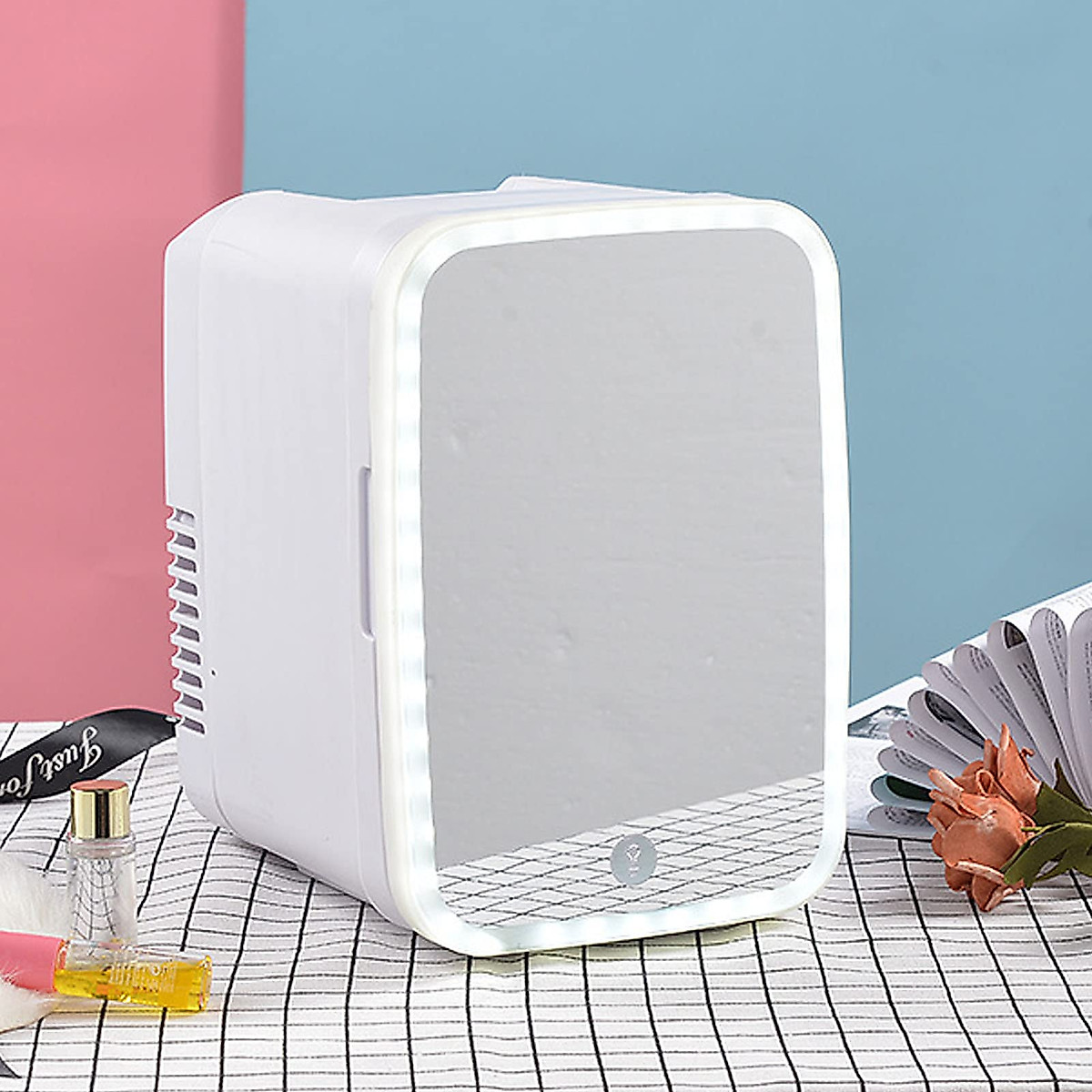 Syrisora Mini Skincare Fridge Organizer 4L with Mirror LED Light Removable Partition Board for Cosmetics Beverage Car 100‑240V (EU Plug)