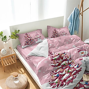 Christmas Winter Snowman Snow Duvet Cover Sets 4 Piece Twin Ultra Soft Bed Quilt Cover Set for Kids/Teens/Women/Men,Xmas Tree Snowflakes on Pink Bedding Collection All Season Use