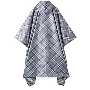 PTEROMY Hooded Rain Poncho for Adult with Pocket, Waterproof Lightweight Unisex Raincoat for Hiking Camping Emergency (Grey Grid)