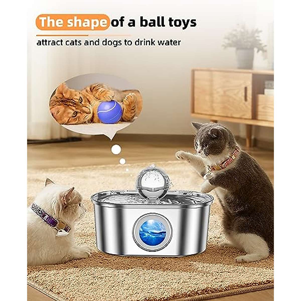 Cat Water Fountain Stainless Steel, 3.2L/108oz Super Quiet Cat Fountains for Drinking Cat Fountain Water Bowl with Water Level Window and LED Light Automatic Pet Water Fountain for Cats Dogs