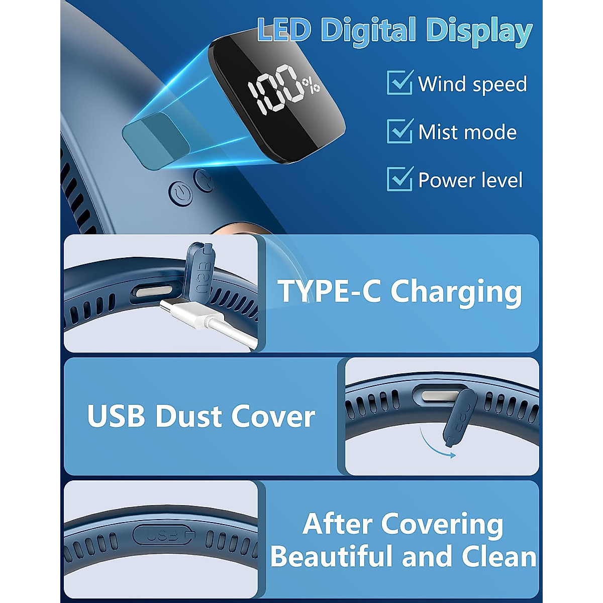 Neck Fan with Mist Spray,Personal Bladeless Folding Neck Fans that Blow Cold Air,Portable Neck Fan Rechargeable Battery Operated Quiet Headphones Device,Wearable Necklace Fan for Women Men Kids Blue