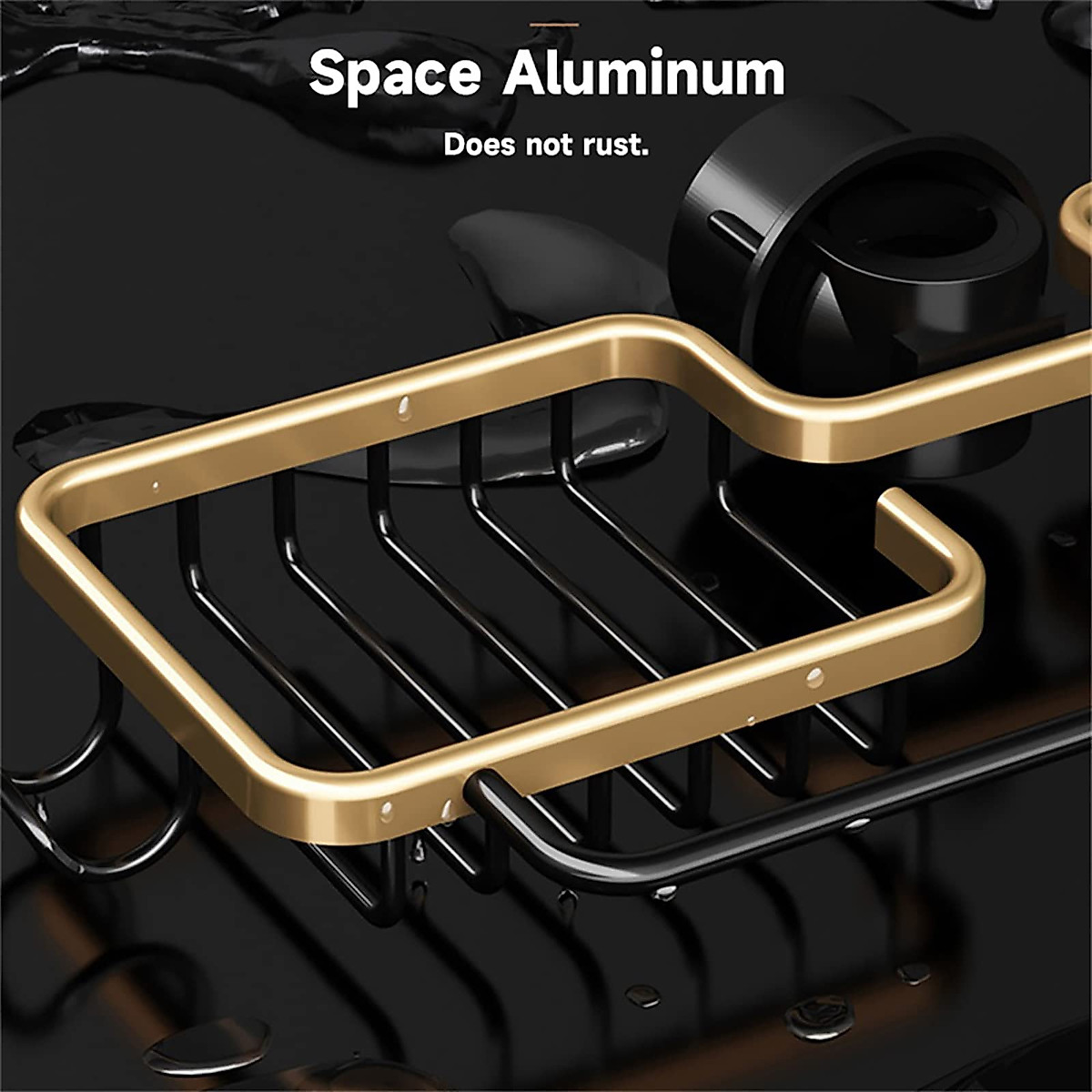 Swovo Dish Sponge Holder, Aluminum Dish Towel Organizer with Dish Towels Drying Rack and Hooks for 0.7"-1.1" Diameter Kitchen Sink Faucets (Black+Gold)