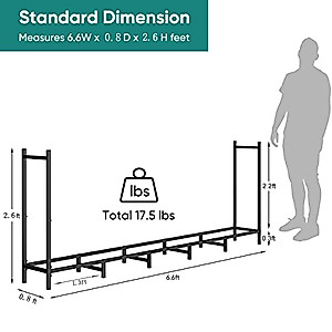 melos Firewood Rack Indoor, 6.6ft Wood Racks Outdoor For Firewood, Wood Holders Firewood Outdoor For Fireplace Wood Storage, Adjustable Fire Log Stacker Stand For Courtyard, Patio, Black