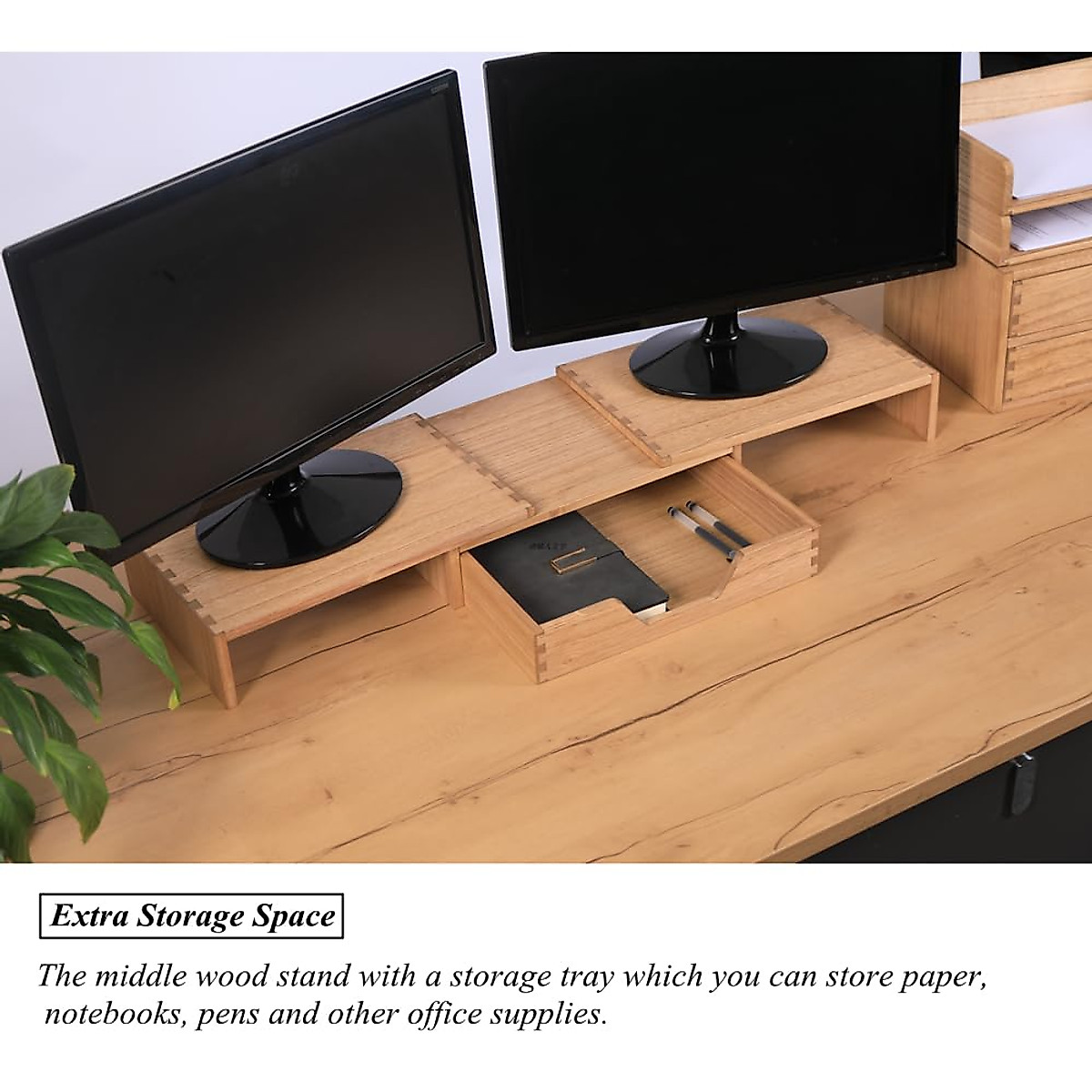 DDYURI Monitor Stand Rier - Computer Riser with Storage Drawer for Office Supplies - Wood Desktop Organizer Shelves with Adjustable Length Angle - Desk Organizer Tray Rack for Laptop (YPJ3T-LT)