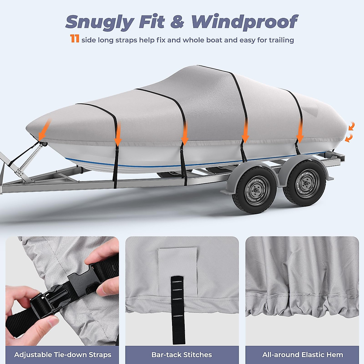 RVMasking Heavy Duty Middle 1400D Reinforced Boat Cover with Storage Bag Trailerable Marine Grade Waterproof Boat Cover Fits Bass Boat, V-Hull, Runabout, Length: 16'-18.5', Beam Width up to 94", Gray