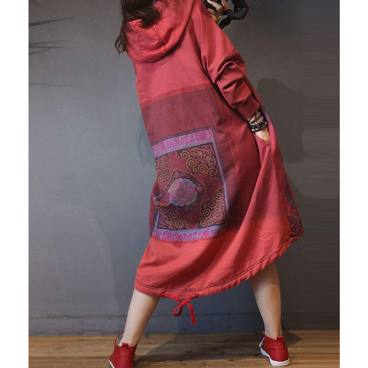 YESNO Women Casual Loose Ethnic Floral Hoodies Sweatshirts Jackets Curved Hemline with Drawstring Long Sleeve/Pockets JCJ (One Size YK9 Red)