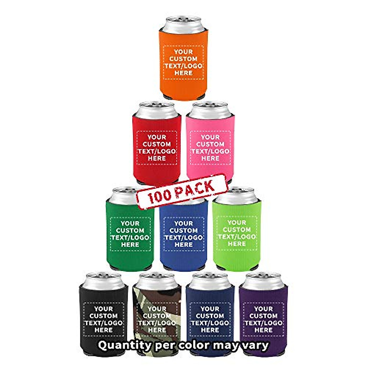 Custom Assorted Collapsible Can Coolers Set of 100, Personalized Bulk Pack - Keeps Your Drink Cold, Great for Beer, Soda and Other Beverages - Assorted