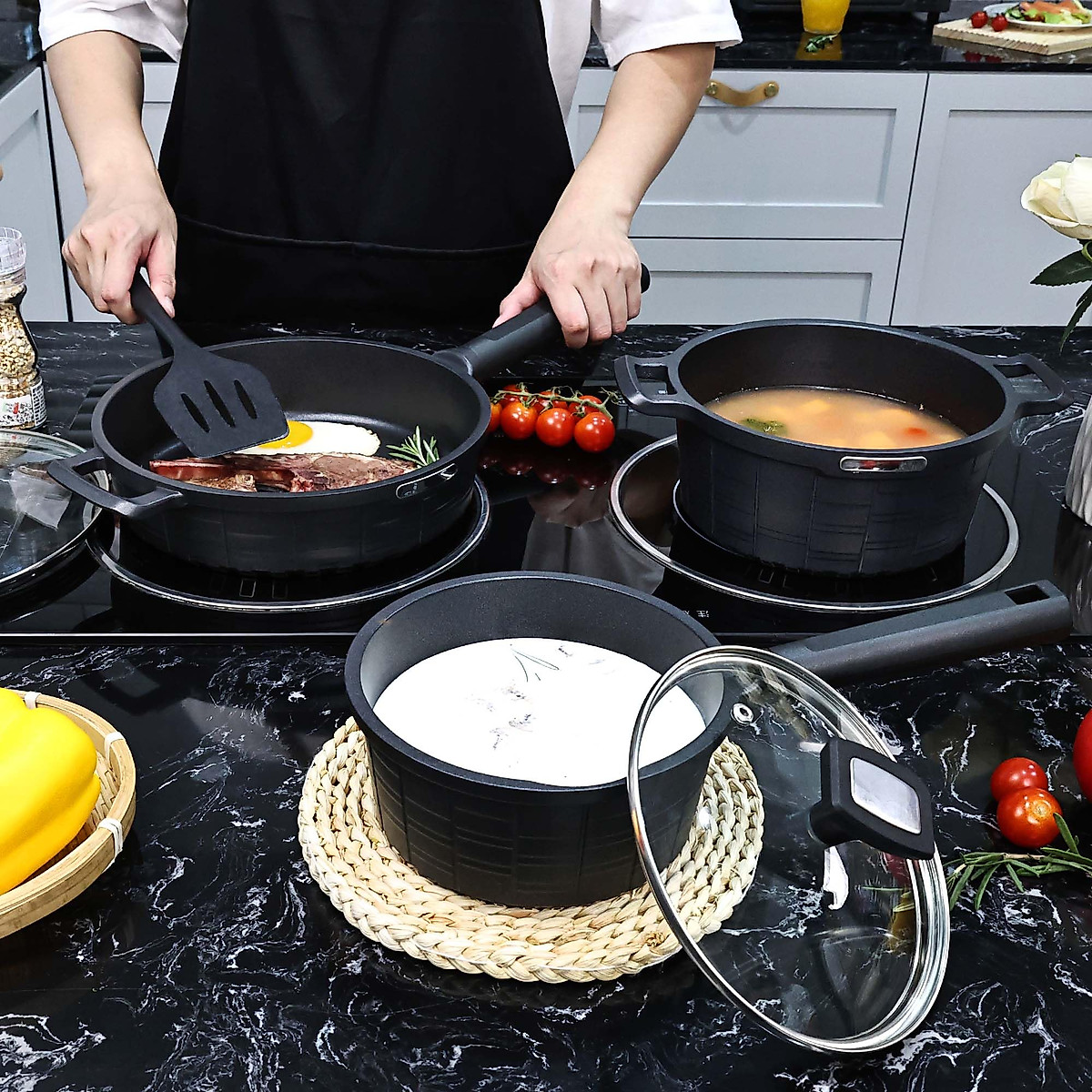 Wodillo Cookware Set, Pots and Pans with Utensils, Nonstick Scratch Resistant Cooking Surface Compatible with All Stoves(Gas, Electric & Induction) - Black