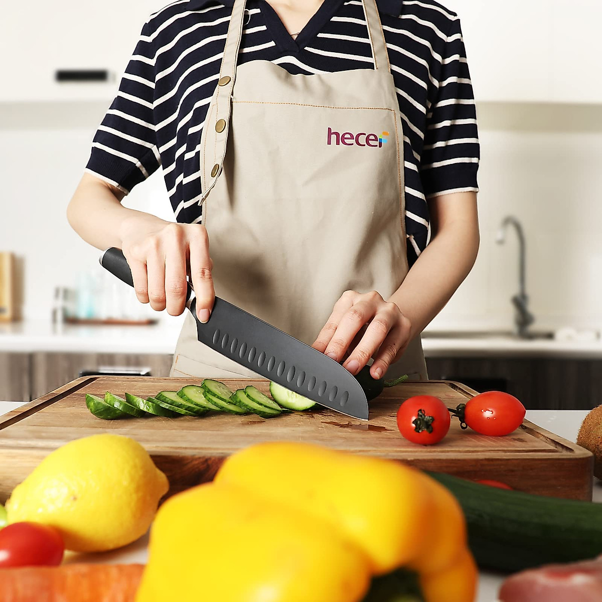 hecef Kitchen Knife Set with Mini Knife Sharpener, 3 PCS Professional Knives Set for Kitchen, Professional Knives Set Full Tang with Gift Box for Cutting Meat, Fruit, Vegetables