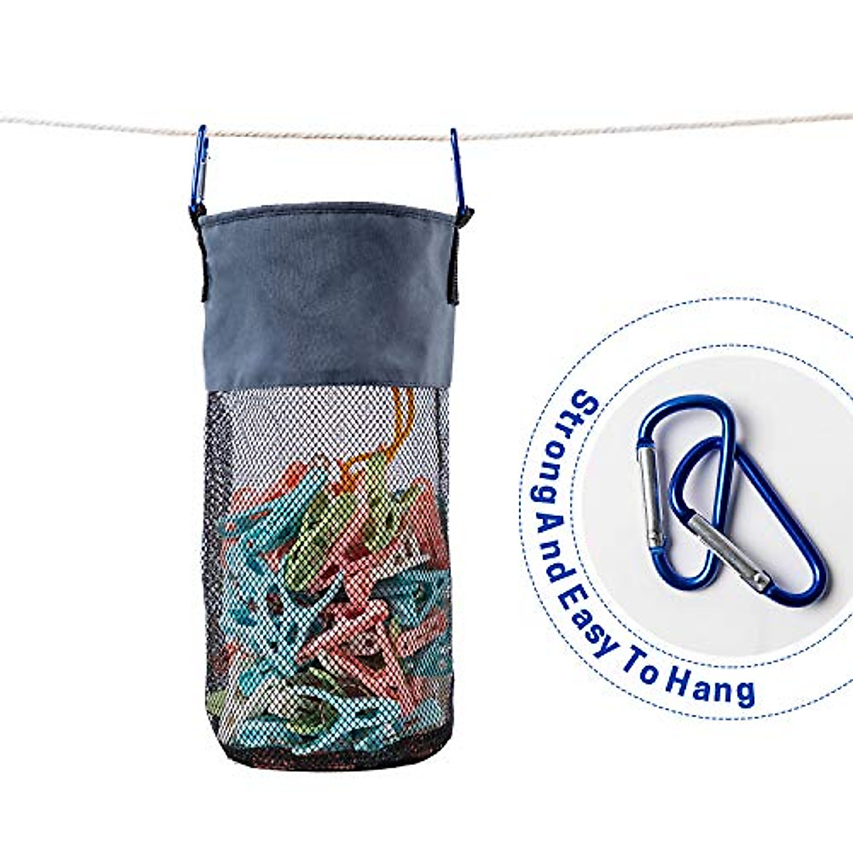 Clothespin Holder Bag Outdoor, Large-capacity Mesh Clothespin Storage Organizer with Hook, Drawstring Closure, Ventilation and machine washable for storing clothes clips, socks and toys