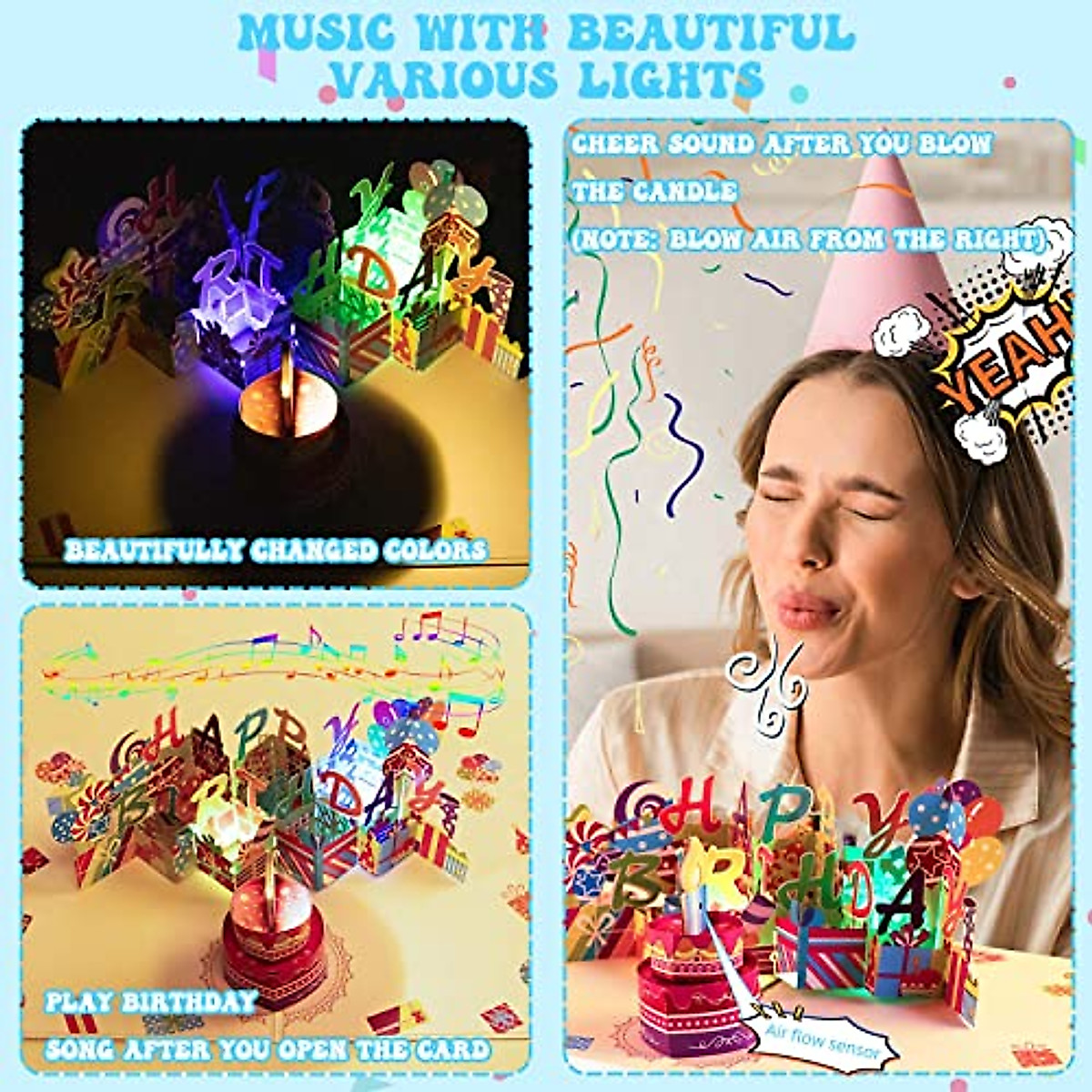 Gumry BLOWABLE & LIGHTS & MUSIC Pop-up Musical Birthday Card, Happy Birthday Card with Classic Bday Music, Cheers Sound,Color-Changing Lights,Colourful Greeting Cards for Kids Wife Husband Women & Men