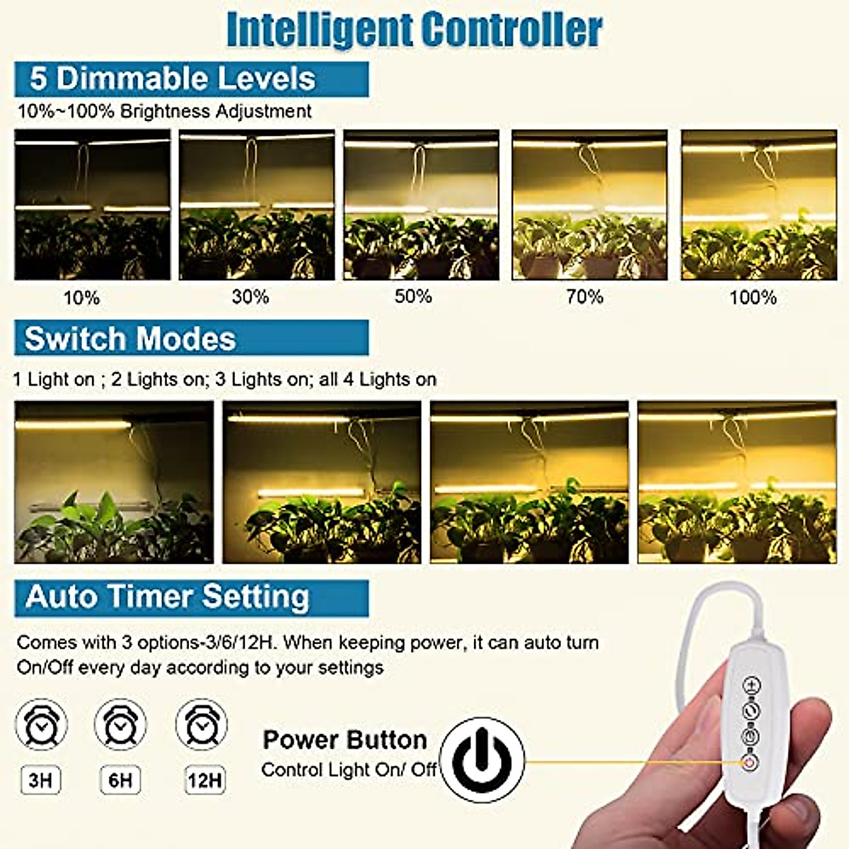 LED Plant Grow Light Strips Full Spectrum Grow Lights for Indoor Plants with Auto On/Off 3/6/12H Timer, 5 Dimmable Levels 192 LEDs Sunlike Grow Lamp for Hydroponics Succulent,Waterproof 4 Pack