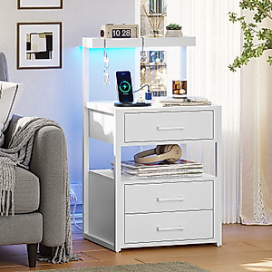 AOGLLATI Nightstand Set of 2 with Charging Station and LED Lights, Bedside Table with 3 Drawers and Open Storage Shelves, 2 USB Ports and 2 AC Outlets, LED Night Stand for Bedroom, 2 Pack, White