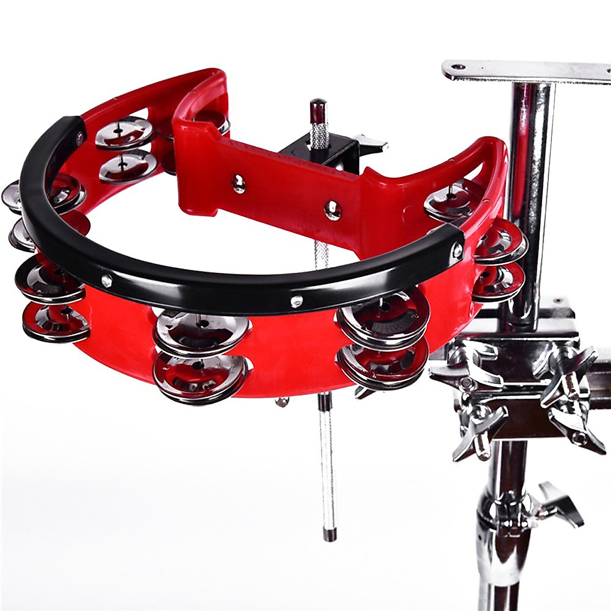 Drum Set Tambourine with Mounting Eye Bolt,Hi Hat tambourine(Black,Red) (8 double rows of jingles, Red)