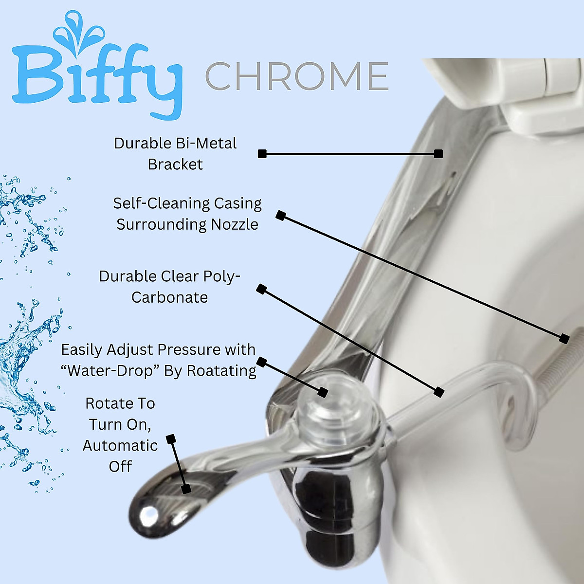 Biffy Chrome Metal Attachable Bidet: Physician Designed, Self-Cleaning 8-Stream Nozzle, Non-Electric, Adjustable Water Pressure, Two-Inch Coverage, Easy Install (Metal Bidet)