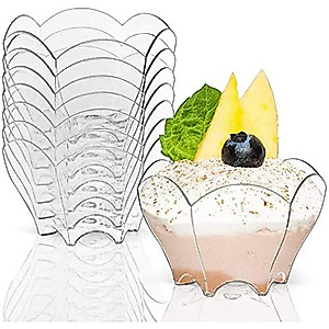QXcom 60 Pieces 3 Oz 90ml Clear Plastic Ice Cream Petal Dessert Bowls Disposable Flower Shape Dessert Cake Snack Bowl Cups Sundae Dessert Bowls Salad Appetizer Serving Bowl Party Favor Wedding Bowl