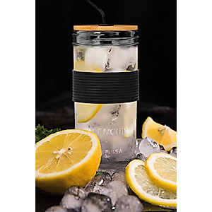 Mason Jar with Lid and Straw, 24oz Wide Mouth Mason Jar Drinking Glasses Tumbler Silicone Straw Bamboo Lid Silicone Sleeve, Reusable Boba Cups Travel Bottle for Iced Coffee Large Pearl Juice, Black