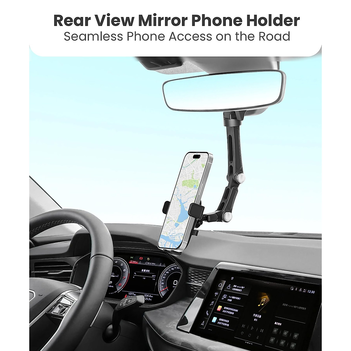 Karmus Rearview Mirror Phone Holder for Car, Rear View Mirror Phone Holder, Rotatable and Retractable Car Phone Holder Mount, Car Truck Essentials Accessories Compatible with All Cell Phones